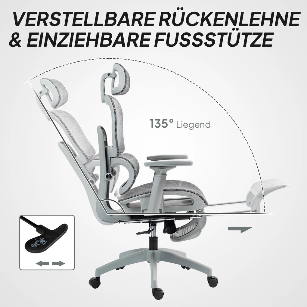 HOMCOM Kancelářská židle, ergonomická židle k psacímu stolu s potahem ze síťoviny, nastavitelná, na kolečkách, s opěrkami rukou, opěrkou hlavy, šedá