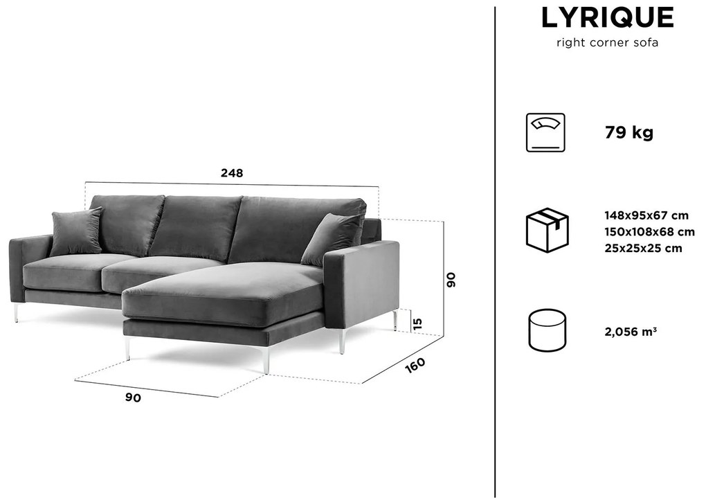 KOOKO HOME Čtyřmístná rohová sametová pohovka Lyrique pravý roh