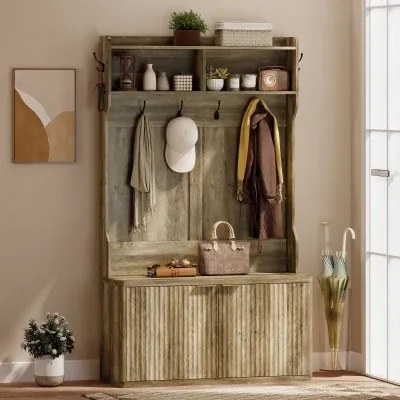 HOMCOM 4-v-1 věšák s botníkem, moderní stojan na oblečení s otevřenou přihrádkou pro chodbu, vstupní halu, ložnici 100x38x172 cm, Dub