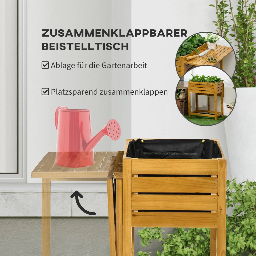 Vyvýšený záhonový truhlík Outsunny 64 x 80 x 30 cm se sklopnou deskou a dřevěným vnitřním obložením, bylinkový záhon v hnědé barvě