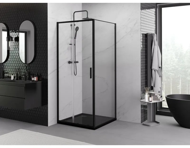 Mexen Exo, sprchový kout s posuvnými dveřmi 95 x 95 cm, 6mm čiré sklo, černý profil, 8151-095-095-70-00