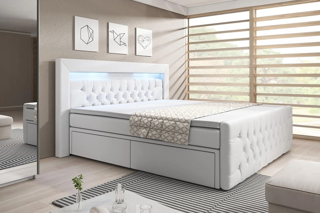 K&M postele Boxspring postel SERA s úložným prostorem (4 šuplíky) a LED Velikost postele: 120 × 200 cm, Výběr matrace: Oboustranná pružinová matrace …