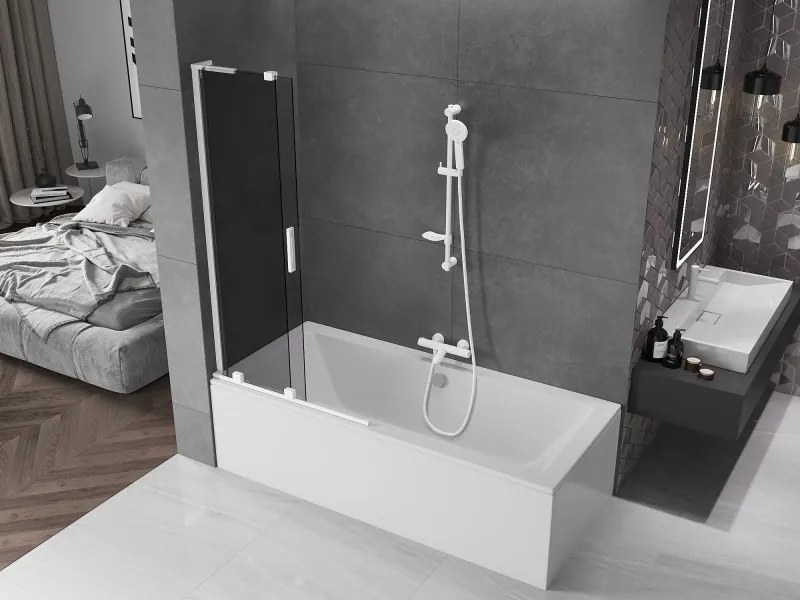 Mexen Velar L, 2-křídlová posuvná vanová zástěna 95 x 150 cm, 8mm šedé sklo, bílá matná, 896-095-003-41-20