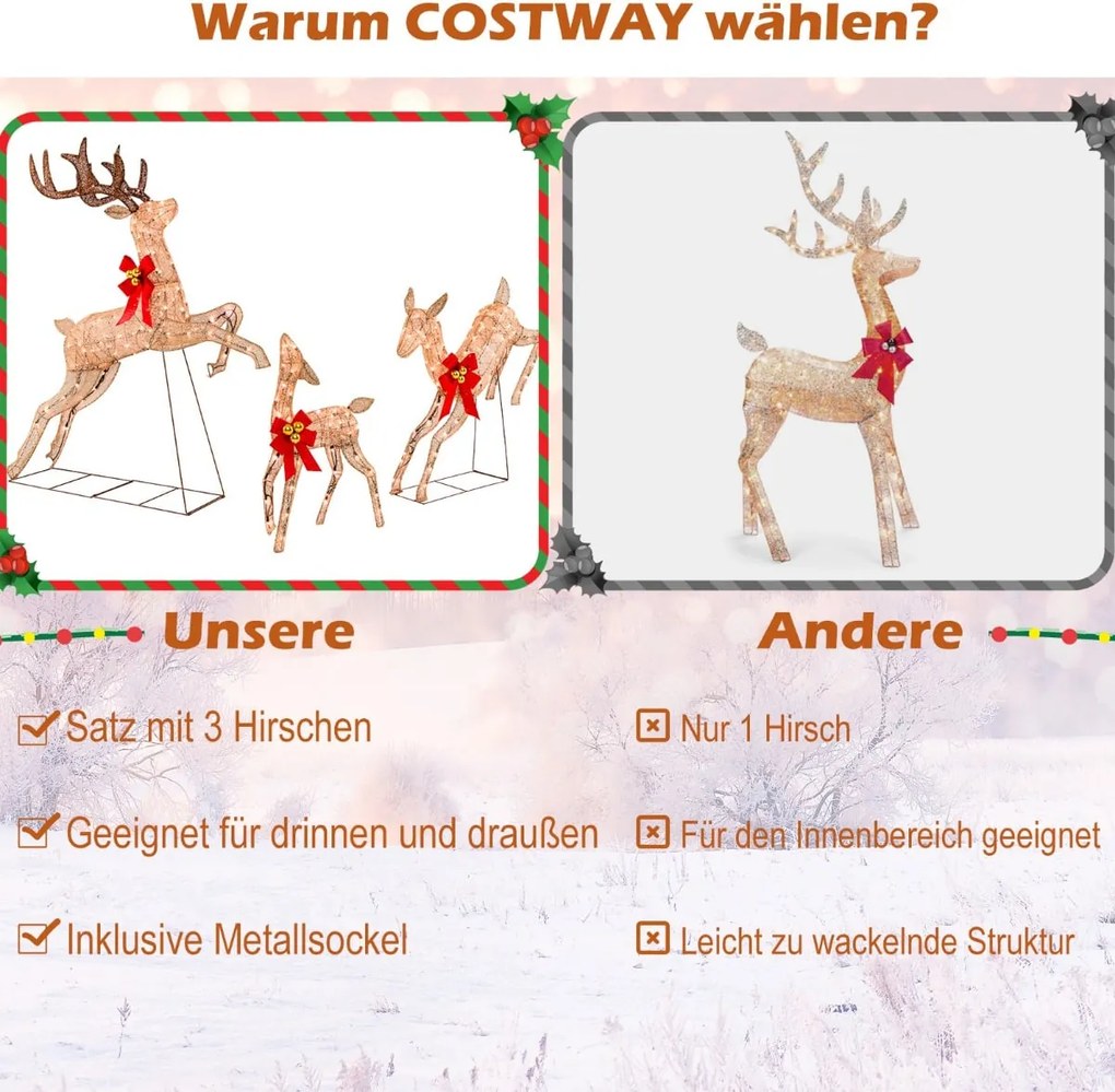 Costway Svítící vánoční rodina sobů, sada 3 kusů