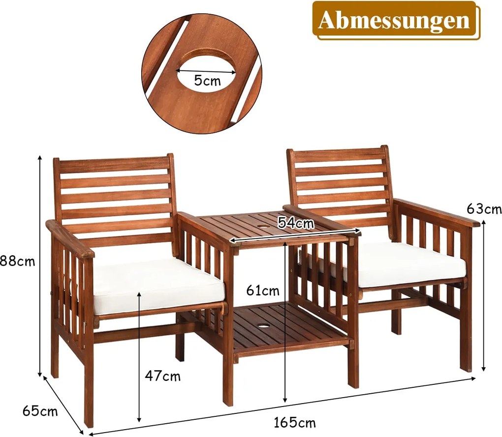 Costway Double Seat Acacia Wood 3dílná sada stolu a židlí, přírodní