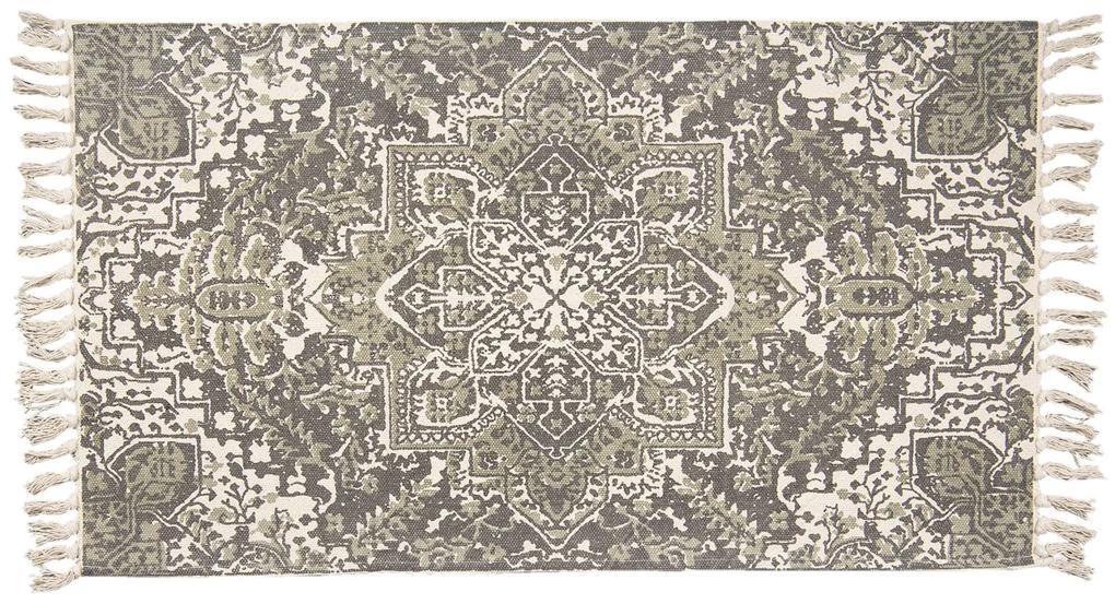 Šedo-zelený bavlněný koberec s ornamenty a třásněmi - 140*200 cm