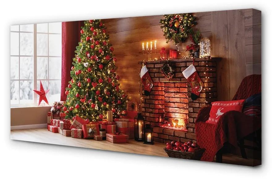 Obrazy na plátně Ozdoby na vánoční stromeček dárky ohniště 140x70 cm