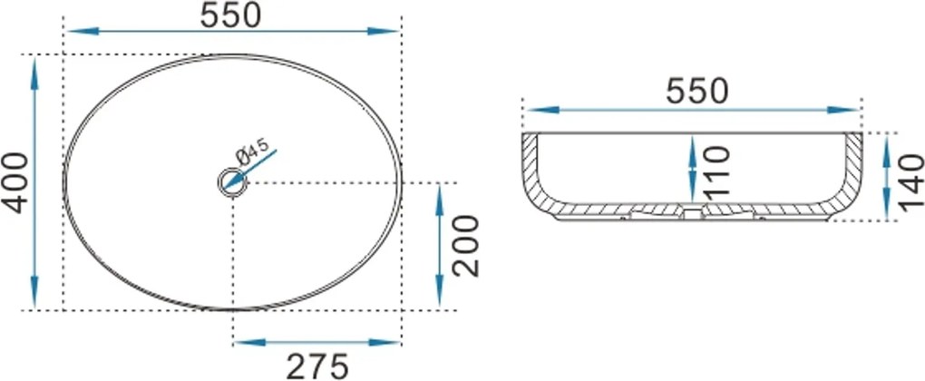 Erga Oval, umyvadlo na desku 550x400x140 mm, bílá lesklá, ERG-V03-OVAL55-WH