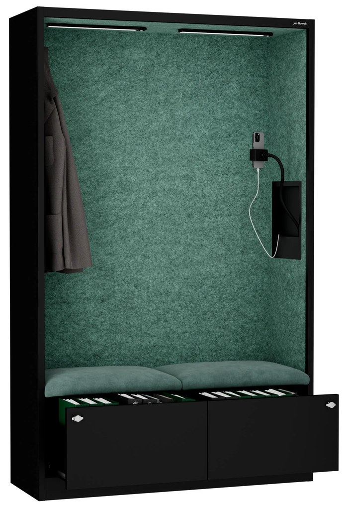 Kancelářská akustická kabina se sedátkem a USB-C portem, korpus černý / sedák zelený, 1150 mm: SALLY MentalBox