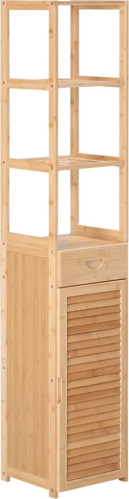 Kleankin Koupelnová skříňka se zásuvkou, tři police, otevřený prostor, bambus, vysoká skříňka do koupelny a obývacího pokoje, 32 x 30 x 163 cm Přírodn