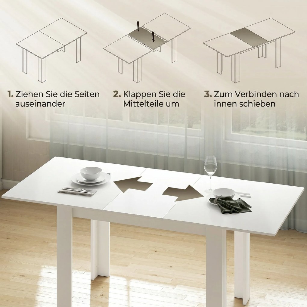HOMCOM Rozkládací jídelní stůl, 140/180 x 80 cm, kuchyňský stůl pro 6-8 osob, do kuchyně, jídelny, bílý