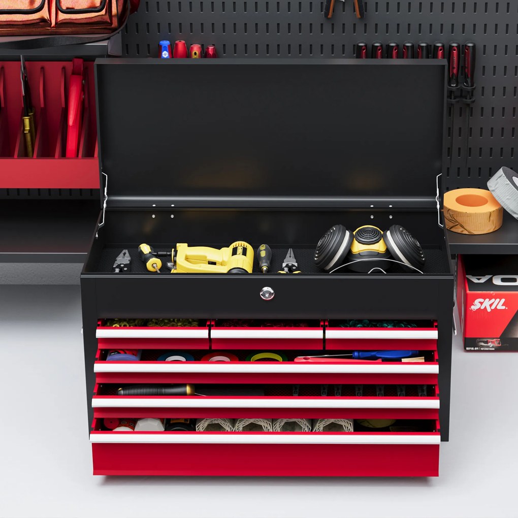 HOMCOM kufr na nářadí 6 zásuvek zámek box na nářadí rukojeť box na nářadí ocelový červený+černý 60x26x34cm | Aosom