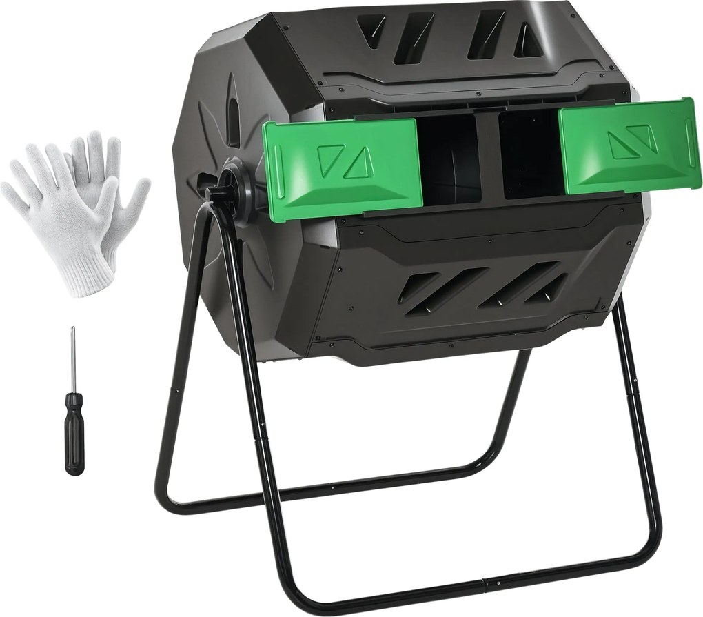 Outsunny Kompostér 160L, 71cm x 65cm x 96cm Rotující Rychlý Kompostér z Plastu, Thermokompostér se 2 Komorami pro Organický a Zahradní Odpad, Černý |