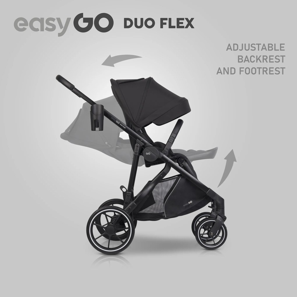 Sourozenecký kočárek EasyGo Duoflex Ebony Black, 2 sportovní části, 1 hluboká vanička
