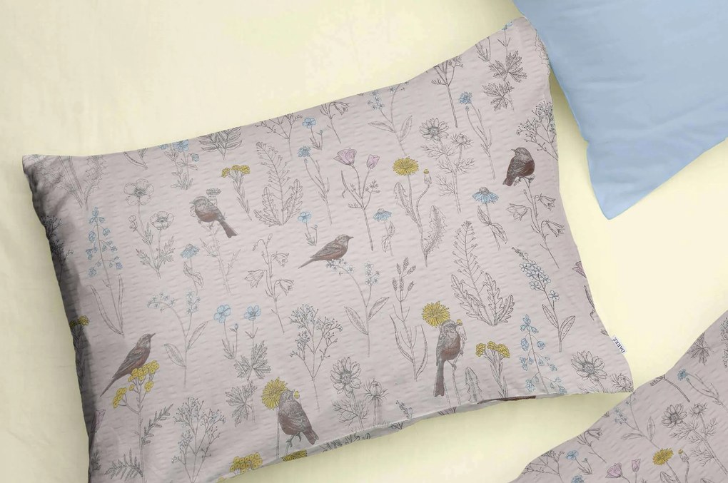 Krepové prodloužené povlečení Ptáčci v kvítí - smetanové Velikost: 140 x 220 + 70 x 90