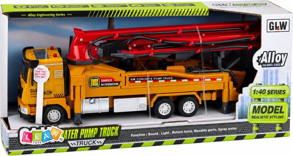 LEAN Toys Nákladní auto s čerpadlem na beton, světla, zvuky, voda, měřítko 1:40