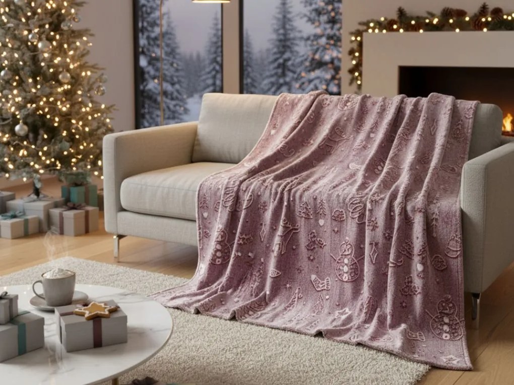 Svítící vánoční mikroplyšová deka PAINTY CHRISTMAS, vínová Rozměr: 150 x 200 cm
