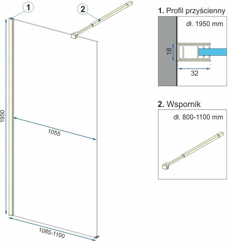 Rea Aero Ombre, sprchová zástěna Walk-In 110x195 cm, 8mm čiré sklo s bílým vzorem, zlatý matný profil, REA-K2465