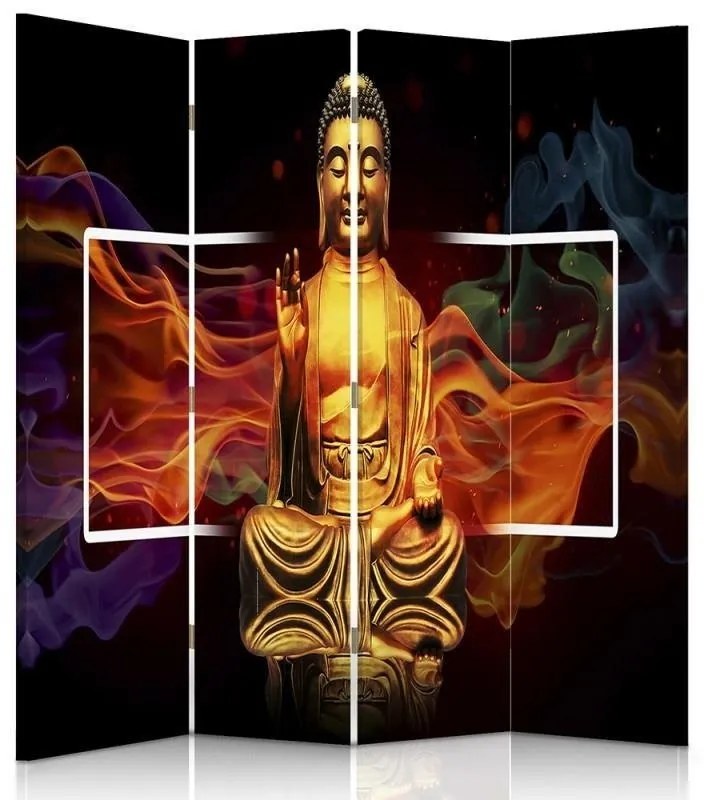 Ozdobný paraván Buddha Zlatá abstrakce - 145x170 cm, čtyřdílný, klasický paraván