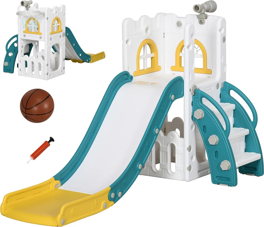 Dětská skluzavka, 5 v 1, skluzavka pro batolata s basketbalovým košem, teleskopická prolézačka žlutá 70 x 177 x 92 cm