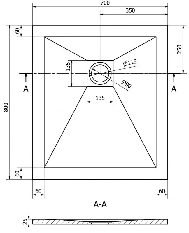 Mexen Stone+, obdélníková vanička z minerálního kompozitu 80 x 70 cm, bílá, černá krytka, 44107080-B