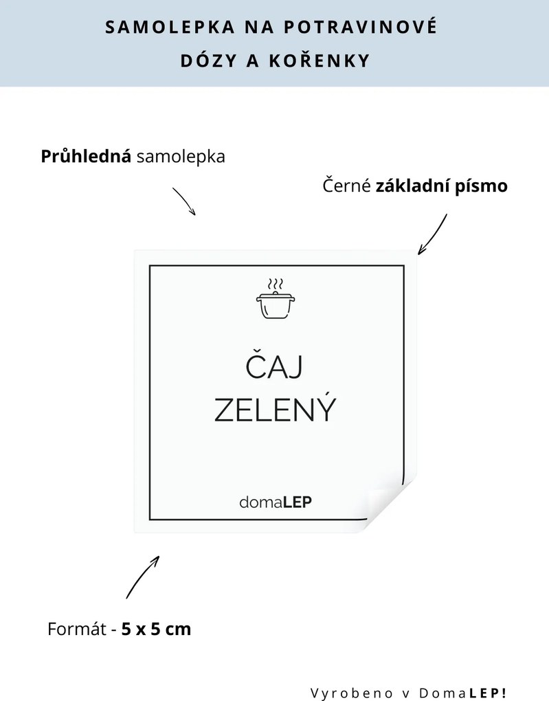 ČAJ ZELENÝ – průhledná samolepka na dózu, základní písmo, 5 × 5 cm | DomaLEP