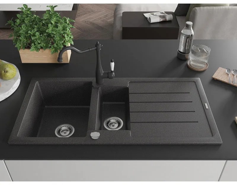 Mexen Andres, granitový dřez 1000x500x200 mm, 1,5-komorový a dřezová baterie Carla, černá skvrnitá, 6515-76-670700-70