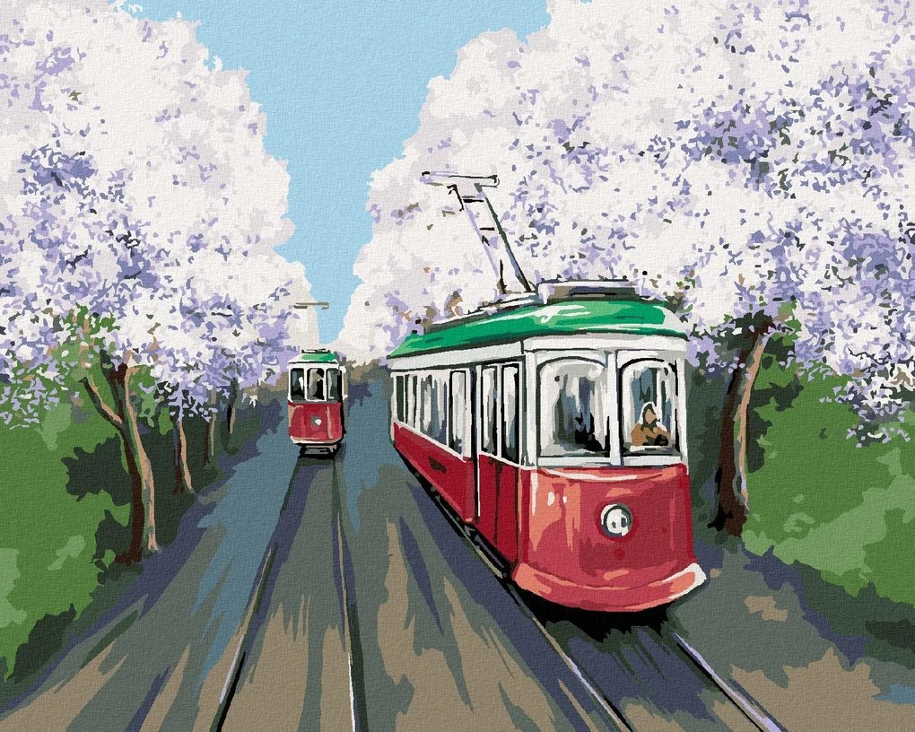 Malování podle čísel tramvaje v třešňové aleji, 40x50 cm, bez rámu a bez vypnutí plátna
