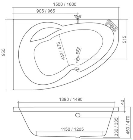 Roth HARMONIA 160 asymetrická rohová vana 160 x 95 cm 9830000 pravá akrylátová