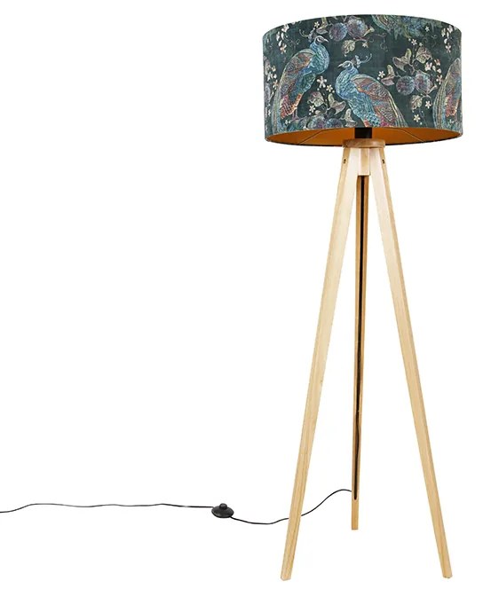 Moderní stojací lampa ze dřeva, látkové stínítko páv 50 cm - stativ Classic