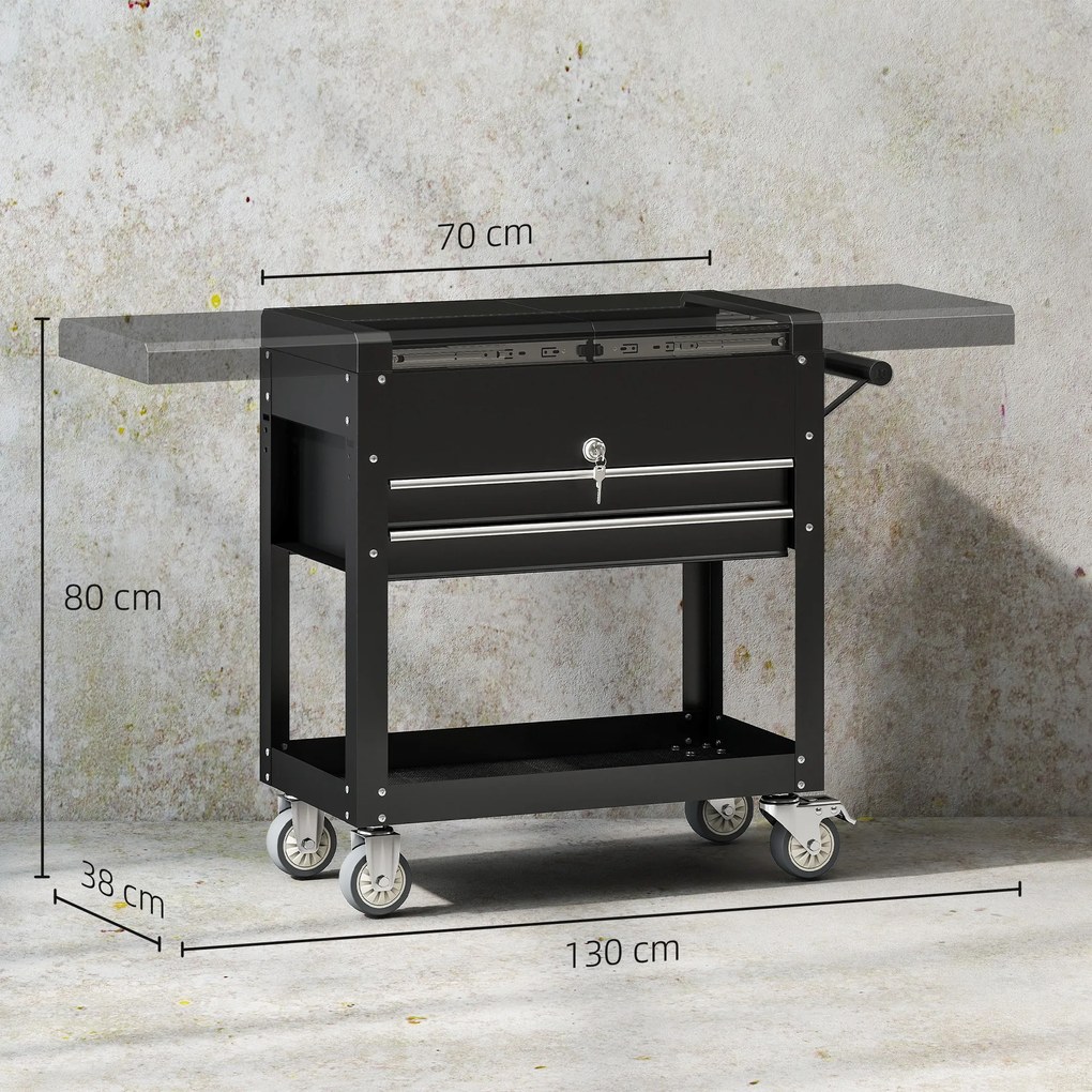Pojízdná skříňka na nářadí, skříňka na nářadí se zásuvkami, pracovní plocha, uzamykatelná, s rukojetí, ocel, černá