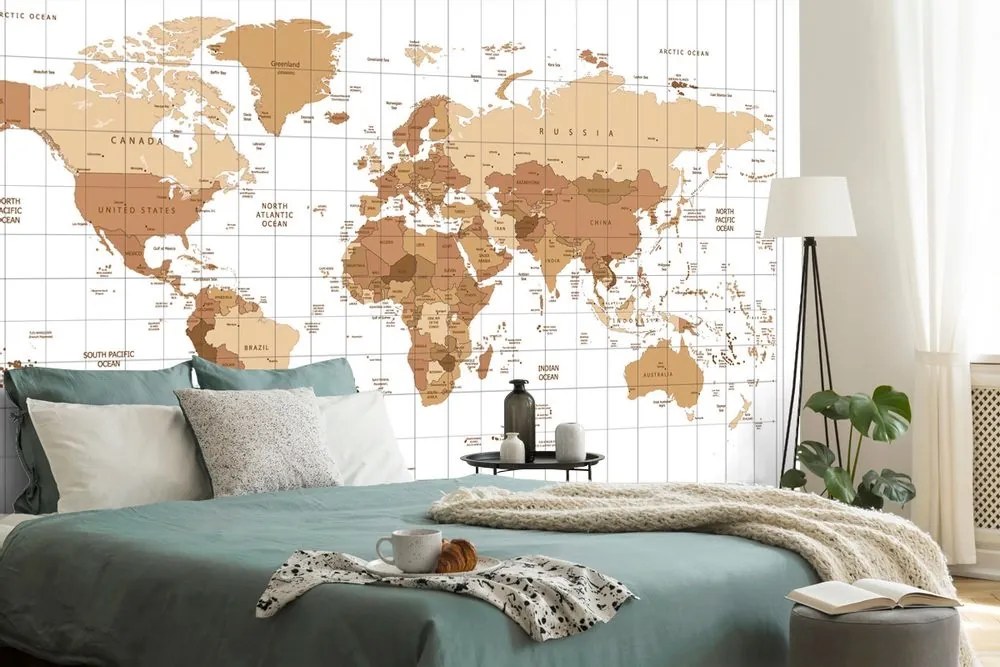 Tapeta béžová mapa světa na světlém pozadí - 150x100 cm