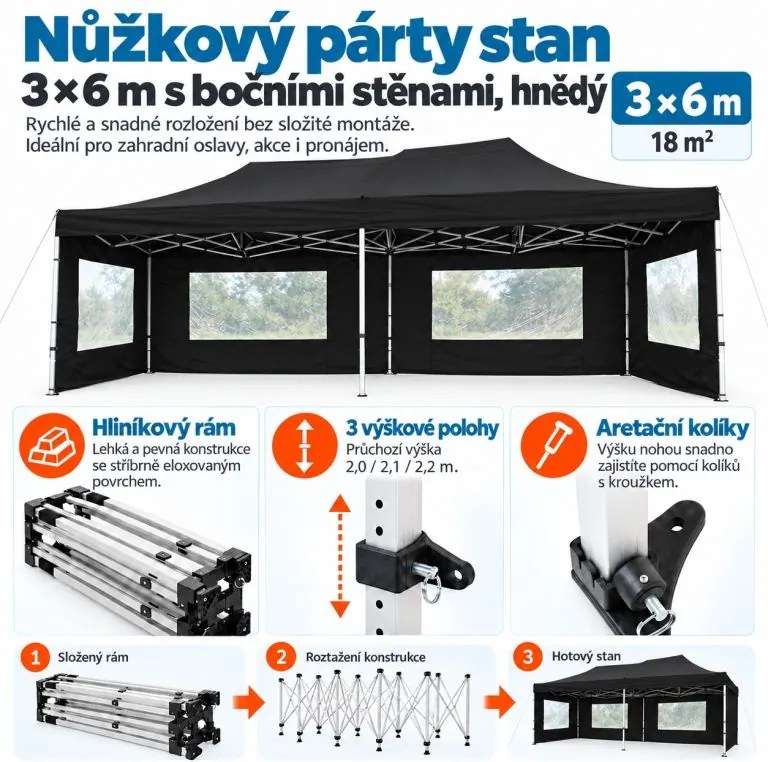 Nůžkový párty stan 3 × 6 m s bočními stěnami, černý