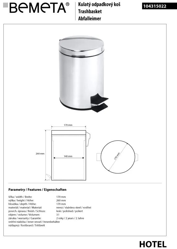 Bemeta Design Odpadkový koš 3 l, nerez, lesk - 104315022