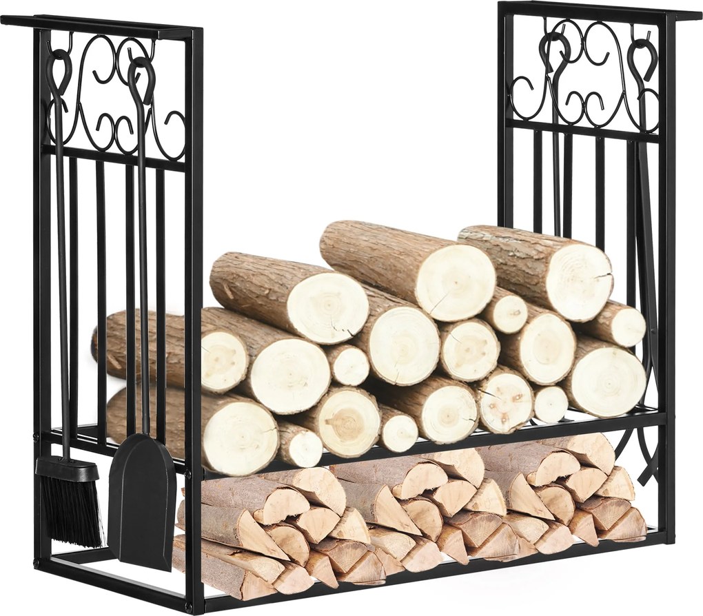 HOMCOM Stojan na dřevo s krbovými nástroji, Dřevník, Úložiště na dřevo, Sada krbových nástrojů, Ocel Černá 75 x 30 x 60 cm | Aosom