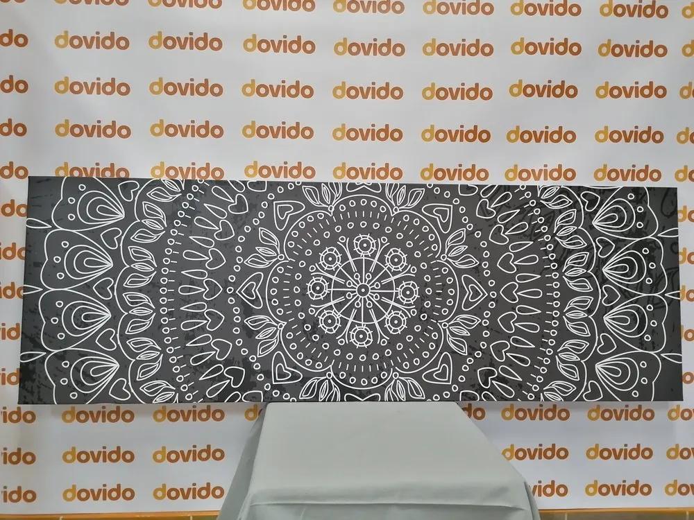 Obraz ručně kreslená Mandala v černobílém provedení - 135x45 cm