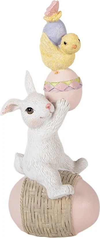 Dekorace bílý králík na vajíčku držící kuřátko - 8*6*19 cm
