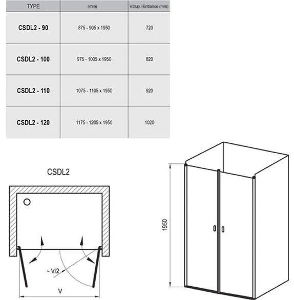 Ravak Chrome Sprchové dveře dvoukřídlé 120 cm Alu/Transparent 0QVGCC0LZ1 CSDL2-120