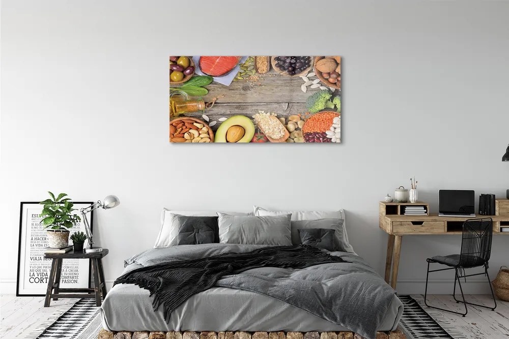 akrylový obraz Fazole brokolice avokádo ořechy 125x50 cm