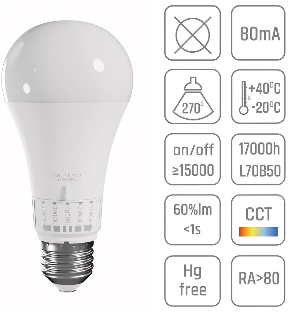 Spectrum LED LED žárovka 5 barev světla GLS E27 230V 10W 5CCT