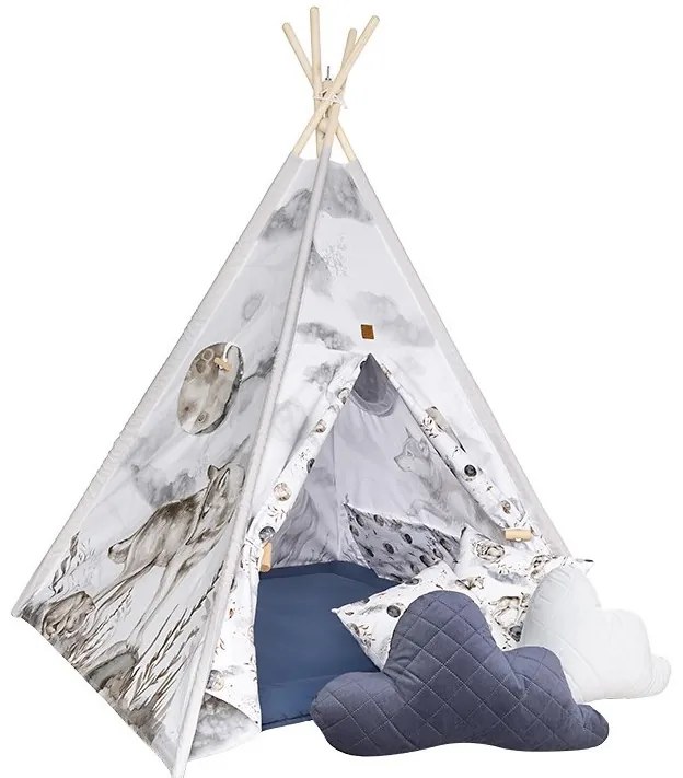 Dětský indiánský stan teepee VLČÍ ÚSVIT s podložkou a polštářky