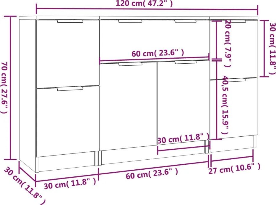 vidaXL Příborníky 3 ks kompozitní dřevo [3115828] Barva: šedá sonoma