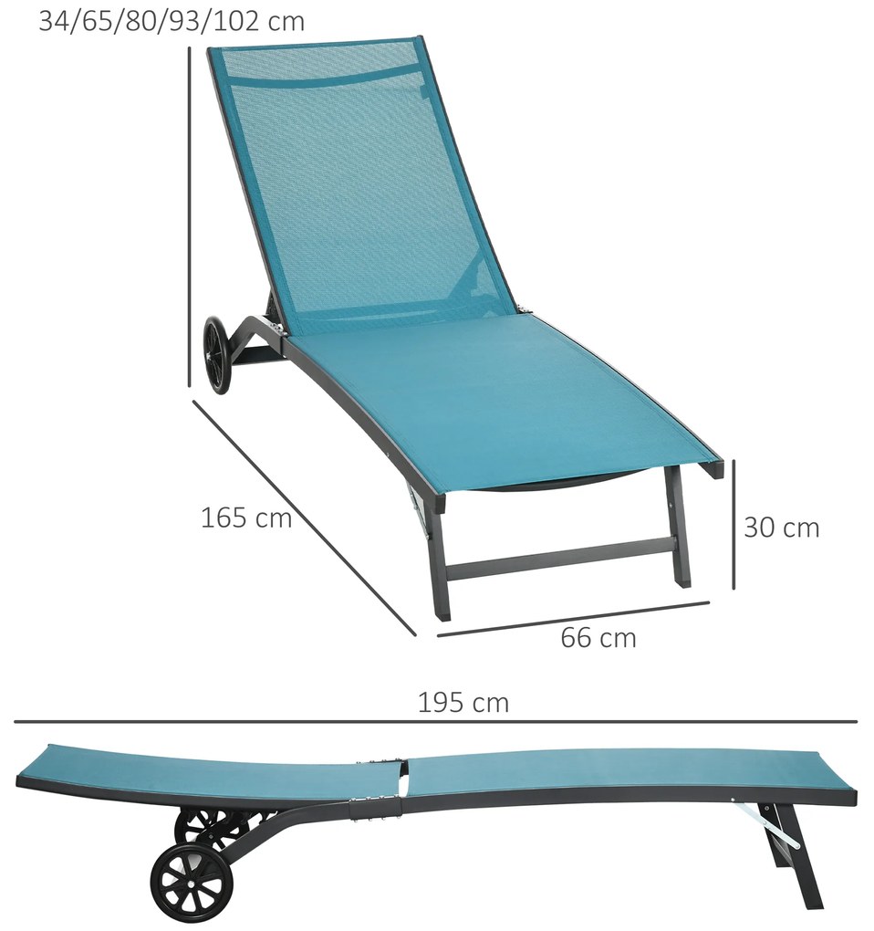 Outsunny lehátko s kolečky nastavitelné opěradlo zahradní lehátko z polyesteru a hliníku Modrá 195 x 165 x 102 cm pro venkovní pohodlí | Aosom.de