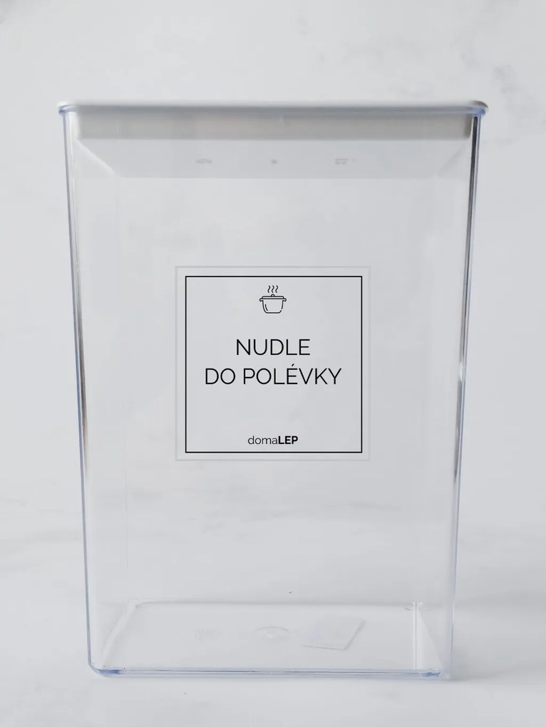 NUDLE DO POLÉVKY  – průhledná samolepka na dózu, základní písmo, 5 x 5 cm | DomaLEP