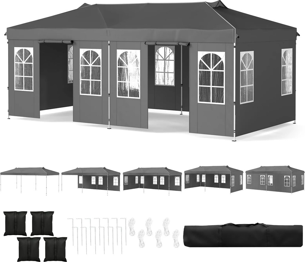 Costway Pavilon výškově nastavitelný párty stan s 6 bočními stěnami a šedými