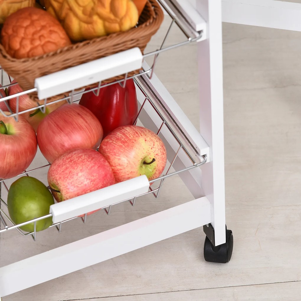 HOMCOM Skládací kuchyňský vozík s 6 koly, 1 zásuvkou a 3 kovovými koši - Multifunkční servisní vozík pro úložný prostor s nosností 50 kg, 97,2x37x77,…