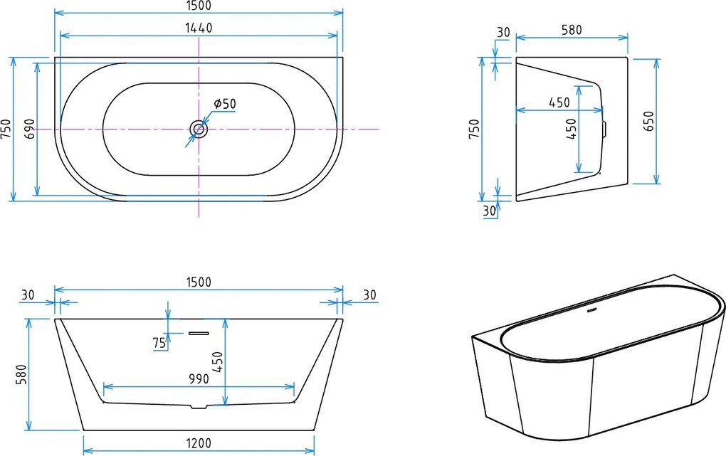 Erga Norah, volně stojící vana ke stěně 150x75 cm + odtoková zátka, bílá lesklá, ERG-Norah-150075-WH-WH
