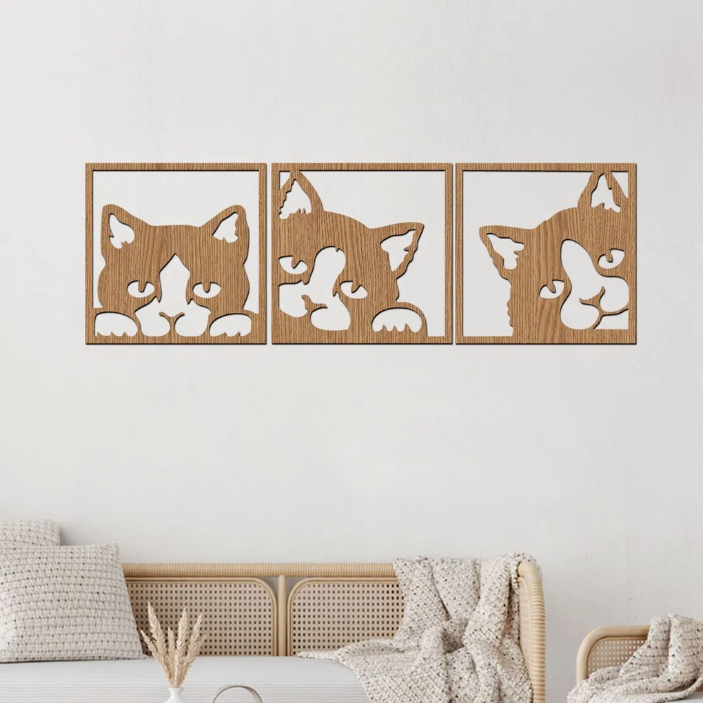 dřevo života 3 dílný dřevěný obraz koček Zvolte rozměr (cm): 120x40, Zvolte barvu dekoru: Dub zlatý