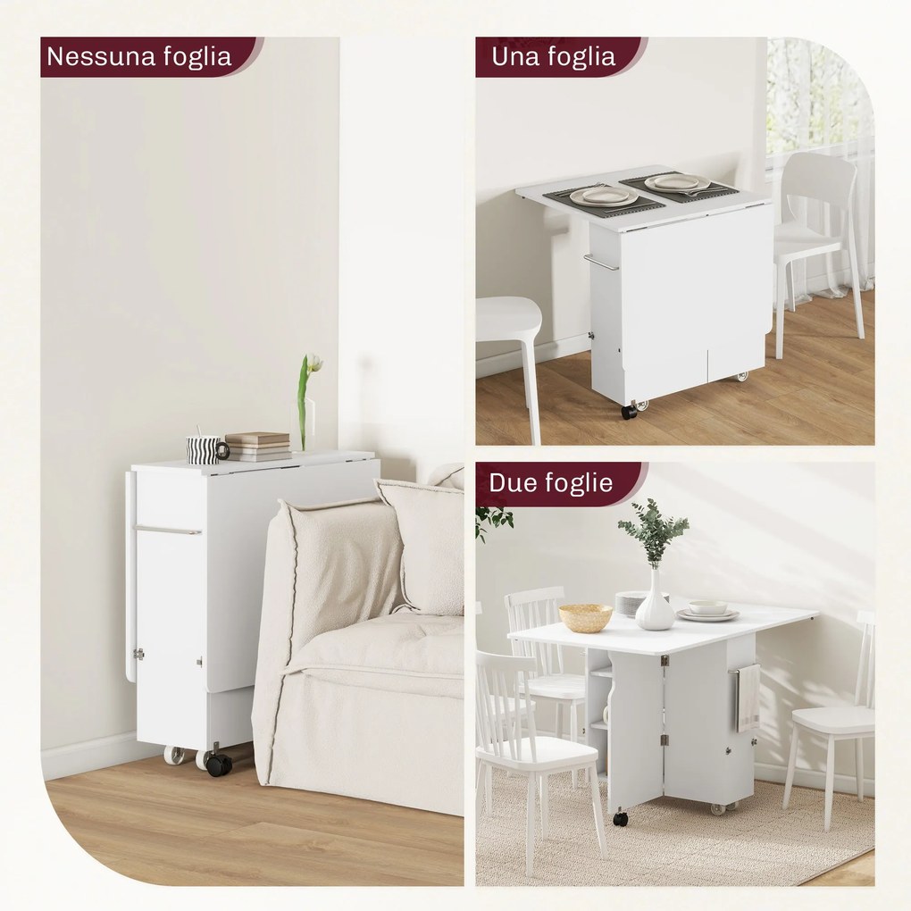 Skládací stůl HOMCOM s vyklápěcími deskami a 3 úrovněmi polic, úložná skříňka a kola, MDF, 130x80x76,5 cm, bílý