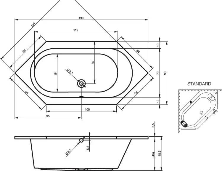 Riho Kansas 190 x 90 cm vana akrylátová šestihranná bílá B035001005